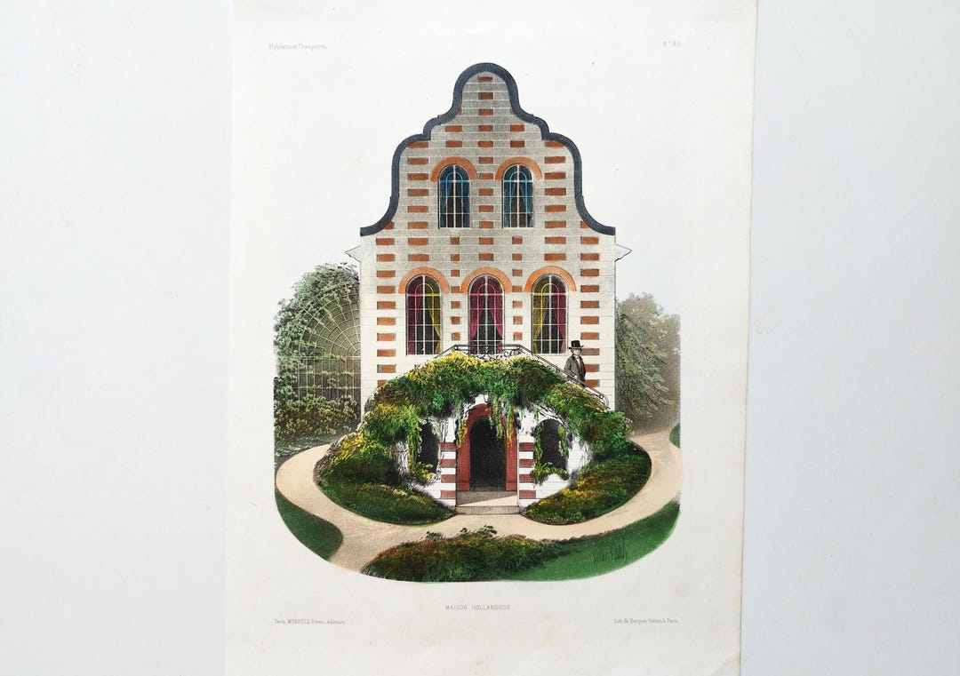 Dutch House Lithograph by Victor Petit Finely Watercolored Antique ...