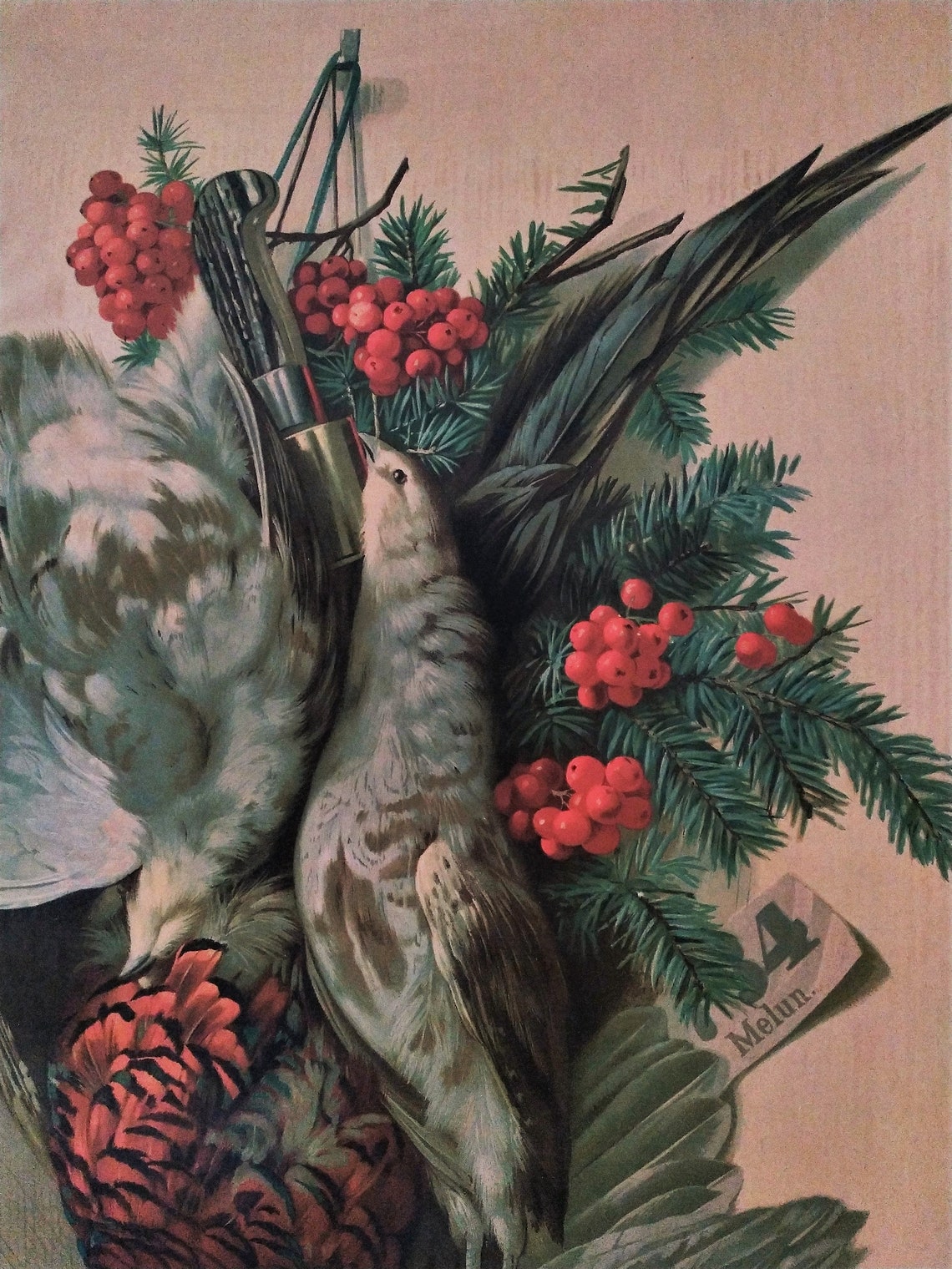 Hunting Trophies Still Life Chromolithography After Antique Oil ...