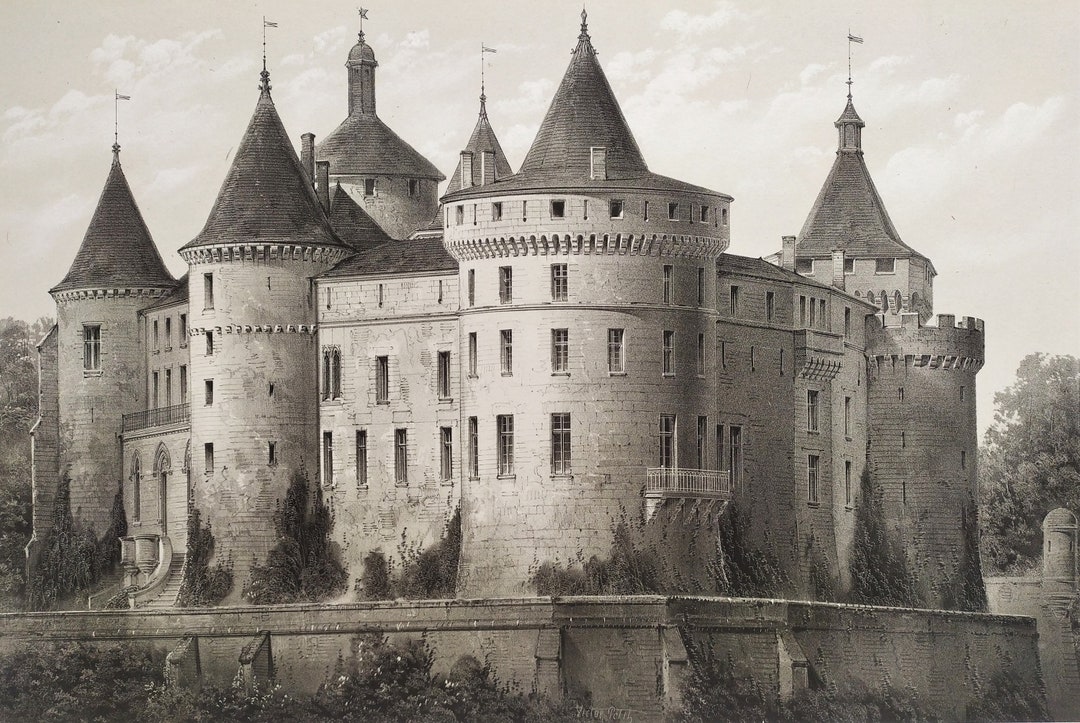 Antique French Castle Lithograph, Victor Petit Print, Loire Valley ...