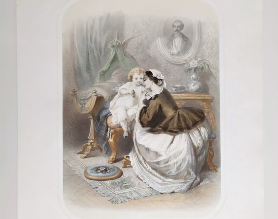 Victorian Watercolor 19th Lithographie Mother and Child | Etsy