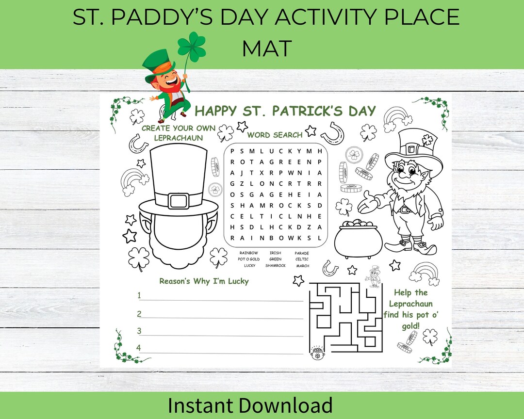 St Patty's Day Coloring Page Activity Placemat Printable for Kids St ...