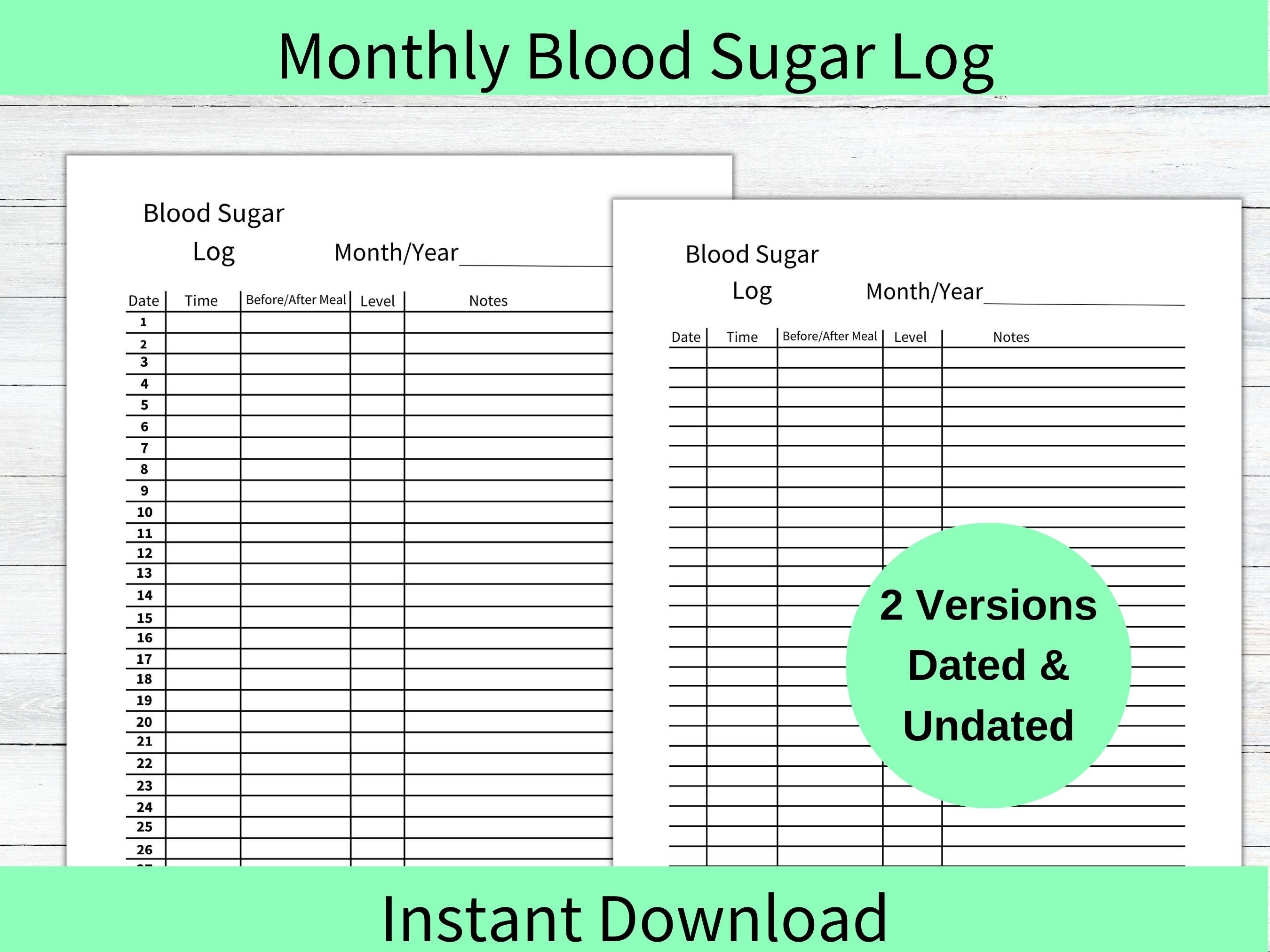 Blood Sugar Log, Printable Blood Sugar Tracker, Health Tracker ...