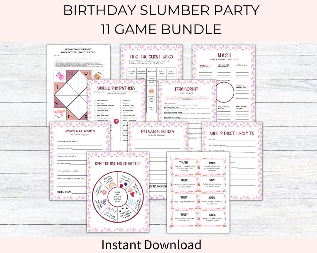 Tween Girl Birthday Slumber Party Game Bundle Printable for Children's ...