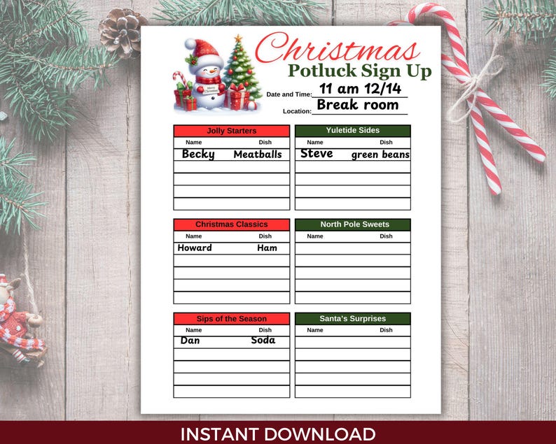 Christmas Potluck Sign up Sheet, Fun Office Party Sign up Form - Etsy