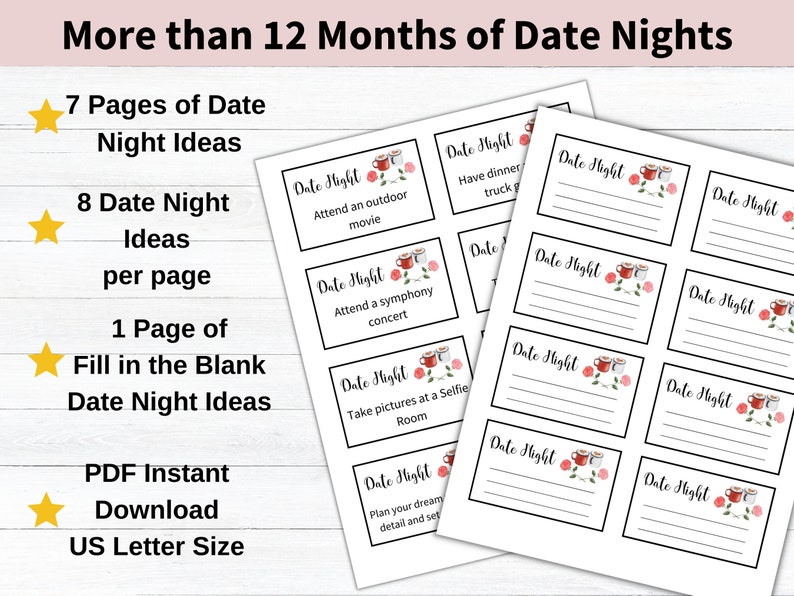 Printable Date Night Ideas PDF, A Year of Dates, Date Night Cards, Love ...