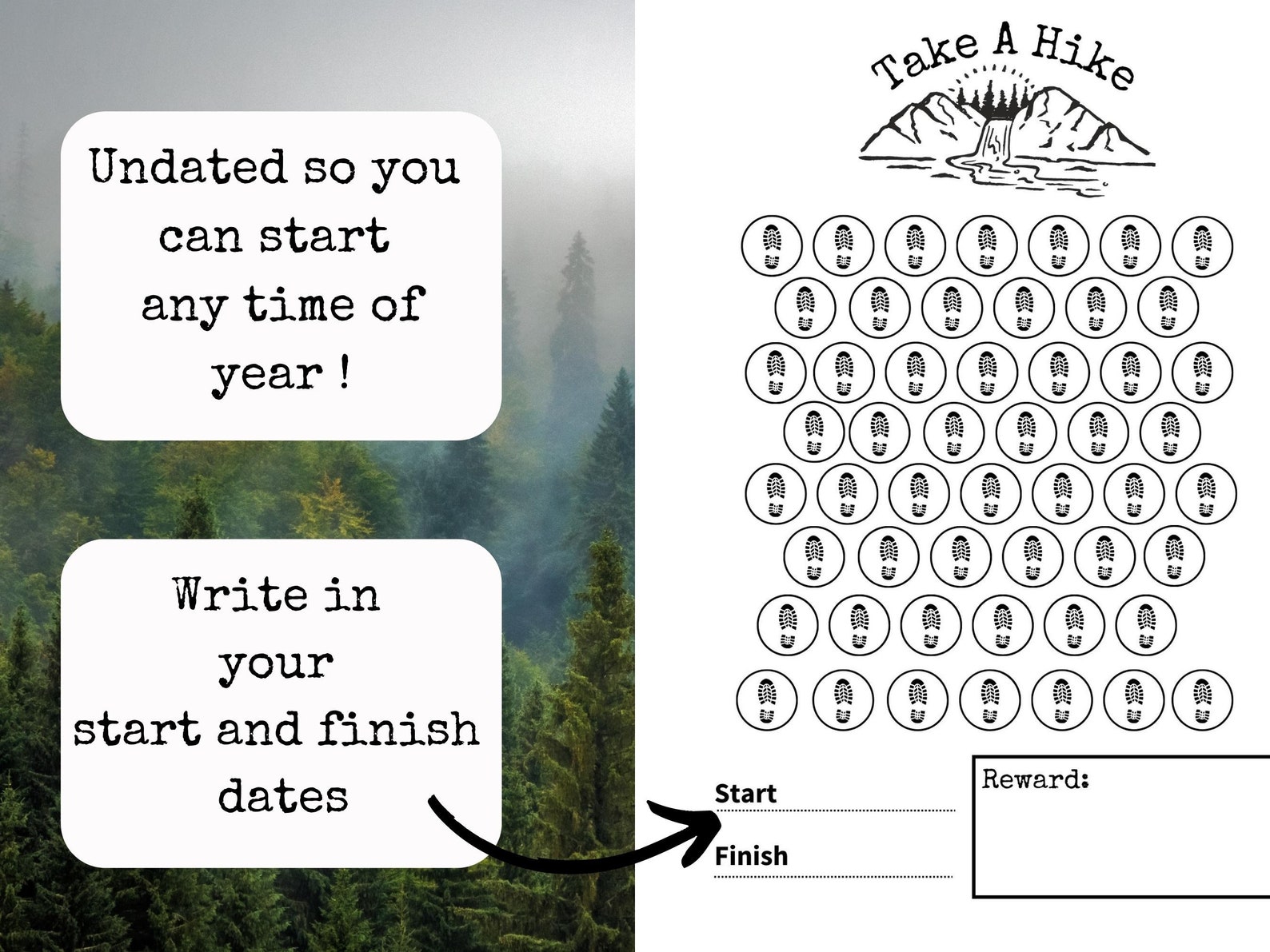 Hiking Tracker Printable, 52 Hikes Hiking Log, Hiking Challenge, Hiking ...