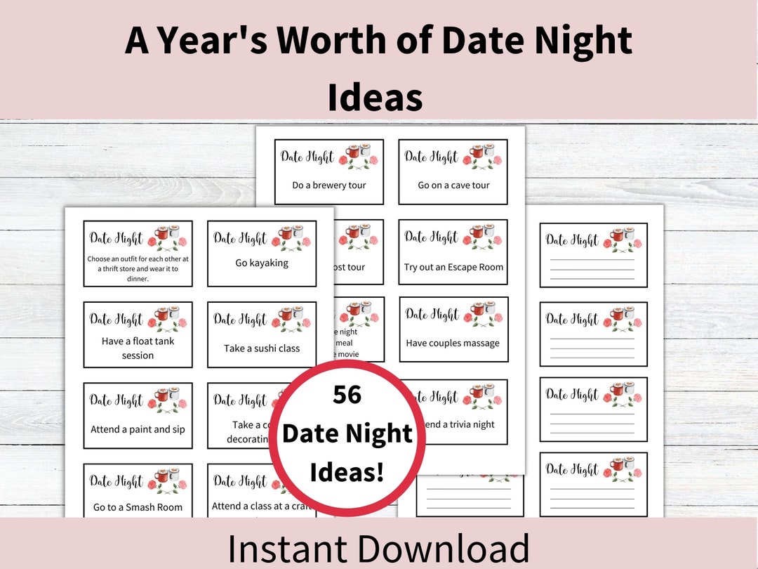 Printable Date Night Ideas PDF, A Year of Dates, Date Night Cards, Love ...
