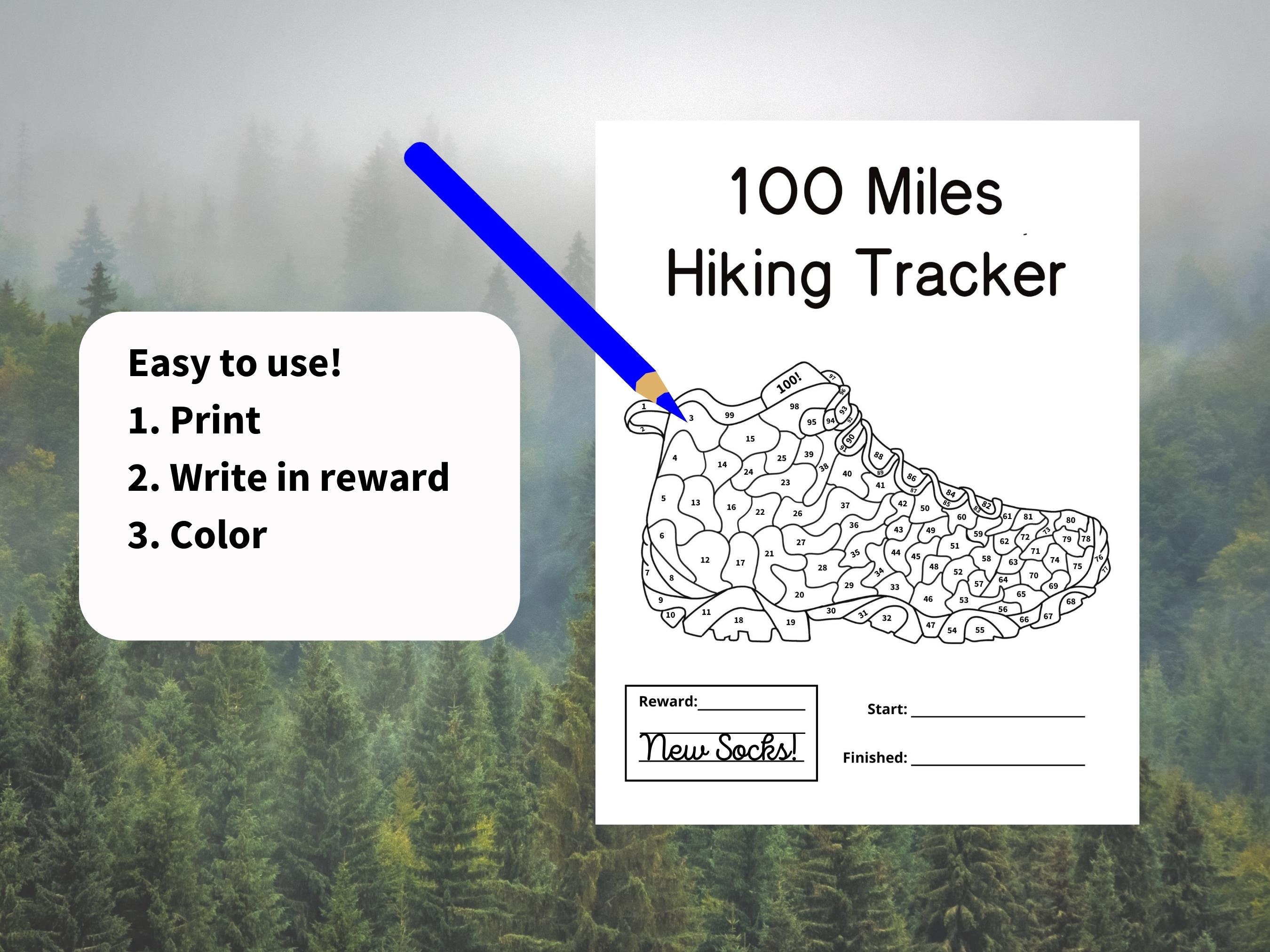 100 Hiking Miles Tracker Printable, Page for Hiking Planner, Hiking ...