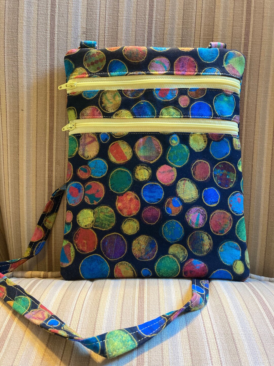 Two-zipper Crossbody Bag | Multicolored Dots Fabric | Casual Shoulder ...