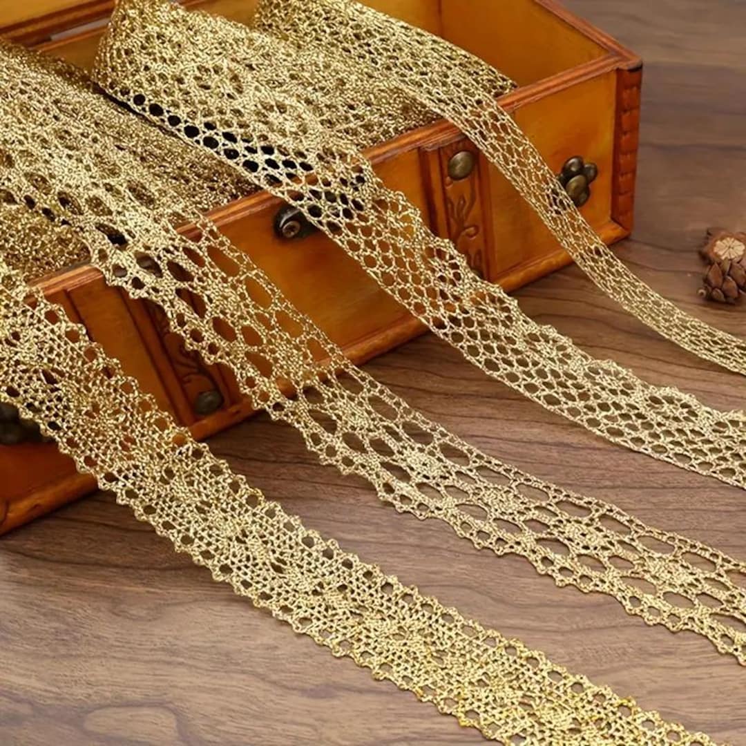 5 Yards Gold Metallic Lace Trim, 1" Wide Decorative Embroidered Lace ...