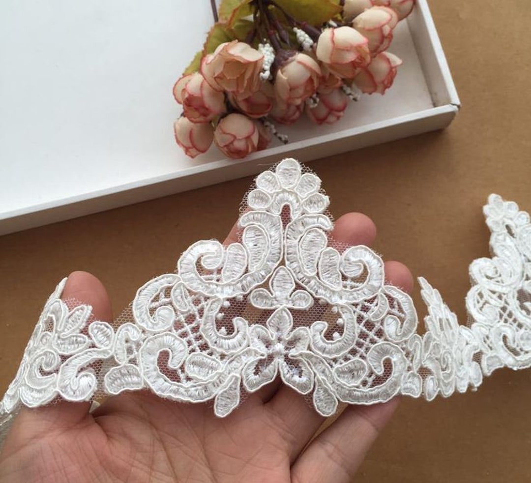 Ivory Alencon Lace Trim, Sequin Trim, Bridal Trim, Corded Lace Trim ...