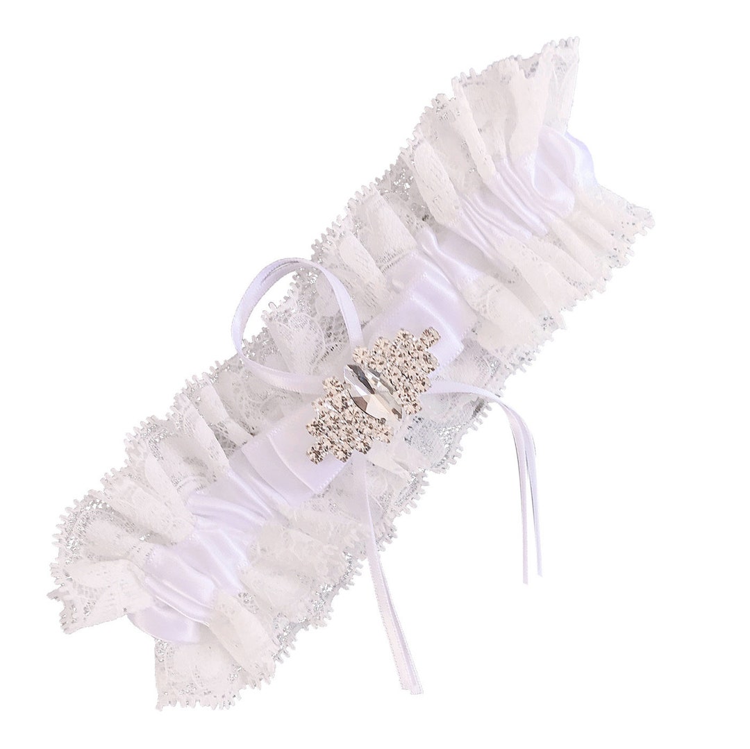 Off White Ruffled Garter With Ribbon and Rhinestone, Keepsake or Throw ...
