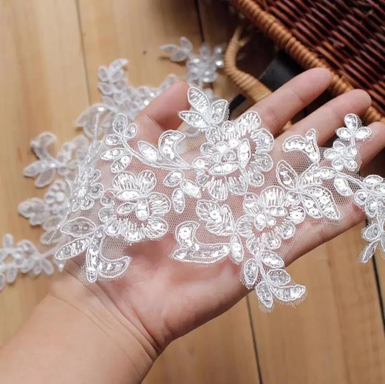 Floral Lace Applique Pair – White or Light Ivory for Bridal Gown, Veil ...