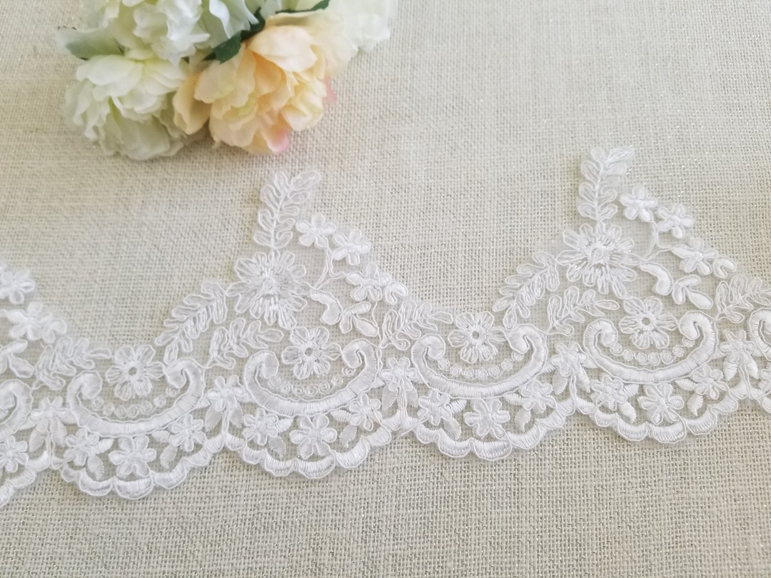 White and Light Ivory Alencon Lace Trim, Ivory Lace Trim, Bridal Lace ...