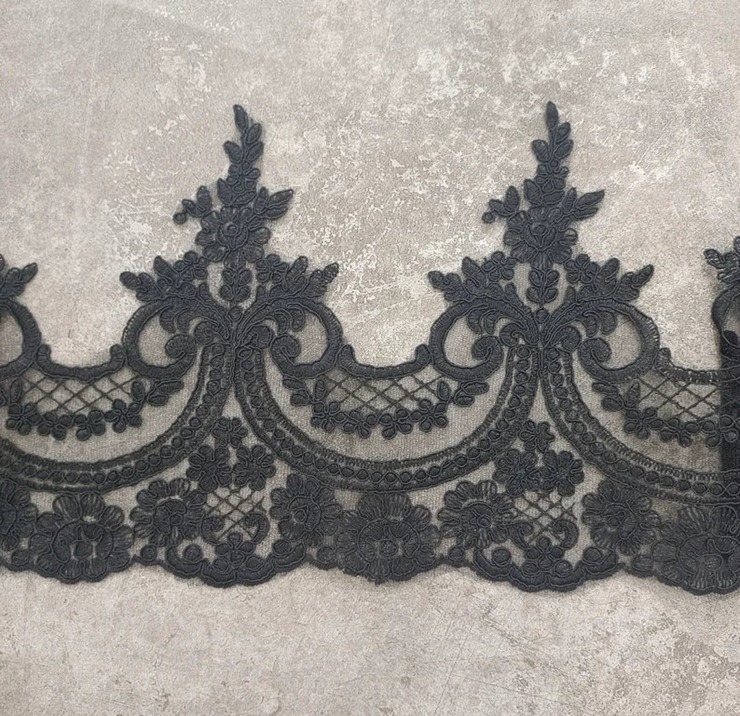 Black Sequin Alencon Lace Trim, Sequin Trim, Bridal Trim, Corded Lace ...
