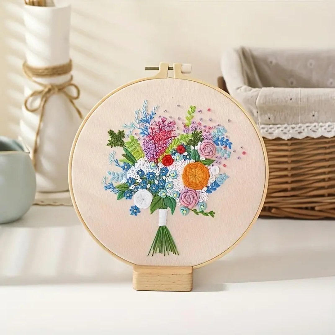 DIY Bouquet Embroidery Kit I Complete Needlepoint Kit I Embroidery Hoop ...