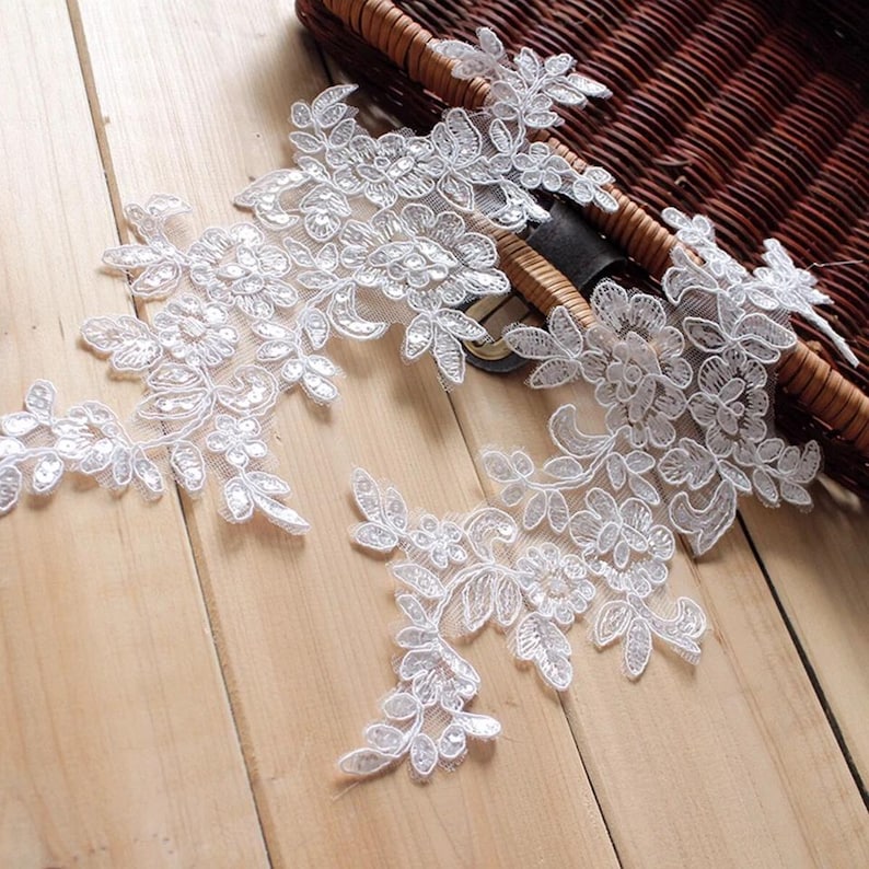 Floral Lace Applique Pair – White or Light Ivory for Bridal Gown, Veil ...
