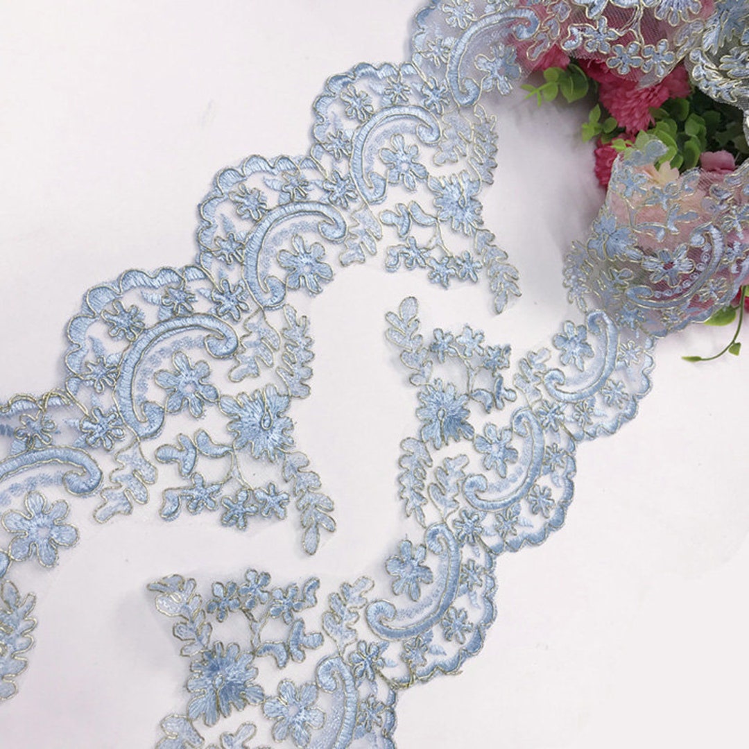 Light Blue Alencon Lace Trim, Blue Lace Trim, Bridal Lace Trim, Wide ...