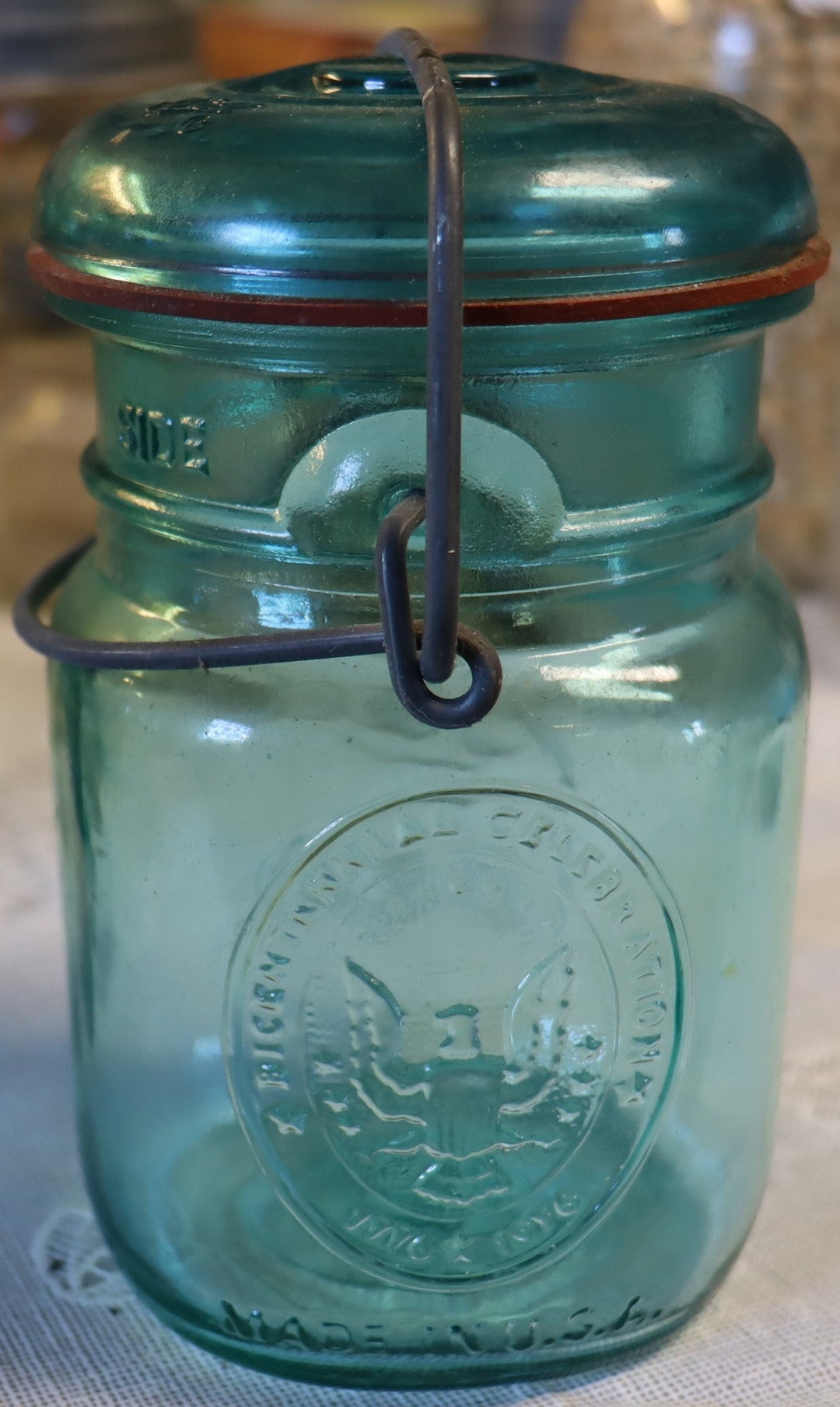 Vintage Blue Ball Ideal Glass Mason Bicentennial 1776 -1976 Quart Wire ...