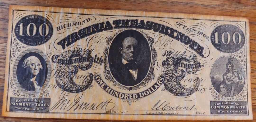 Vintage 100 Dollar Virginia Treasury Note Oct 15, 1862 - Etsy