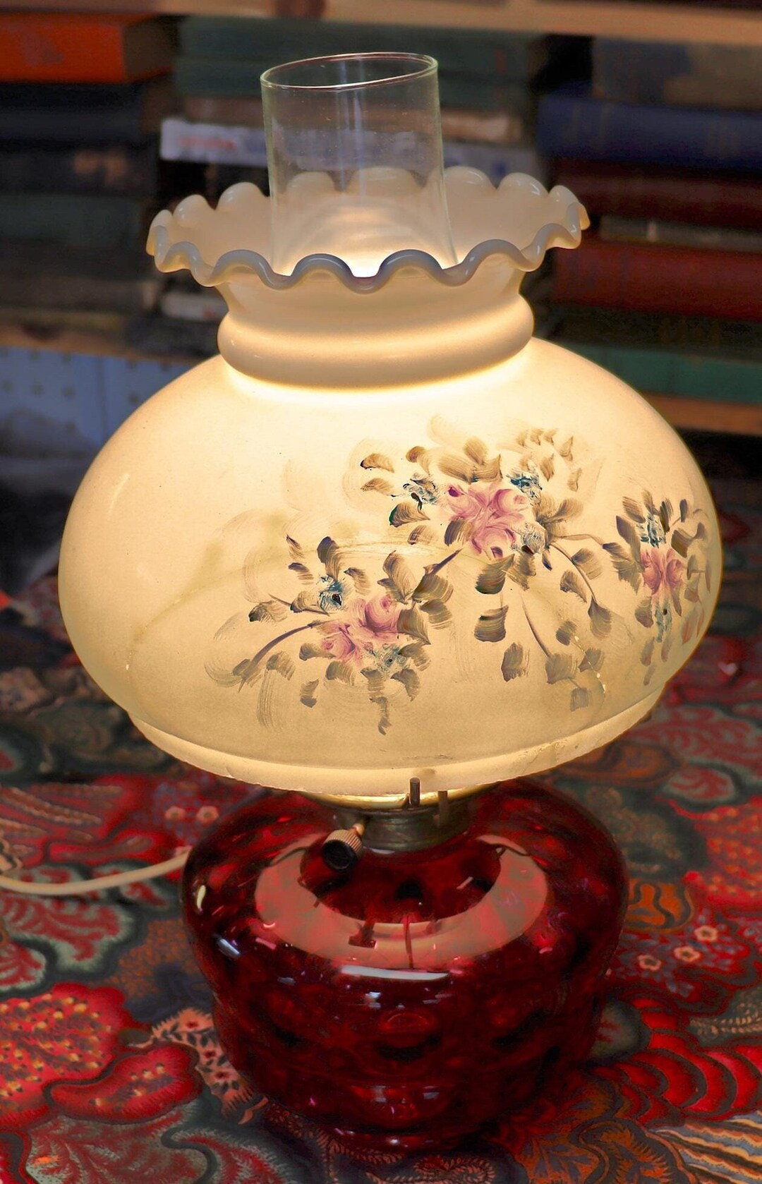 Vintage Cranberry Coin Spot Oil Lamp electrified With Hand Painted ...