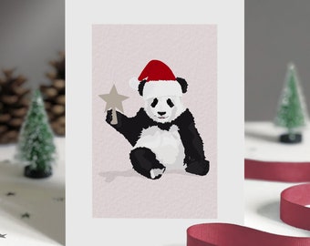 Christmas Panda Card Wearing Red Reindeer Antlers - Etsy