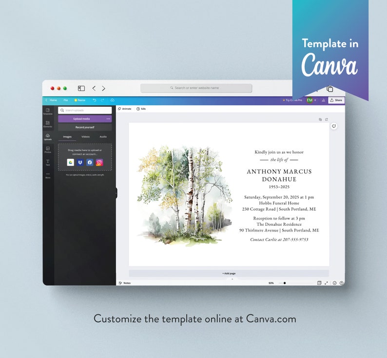 Editable Memorial Invitation Funeral Invitation Celebration of Life ...