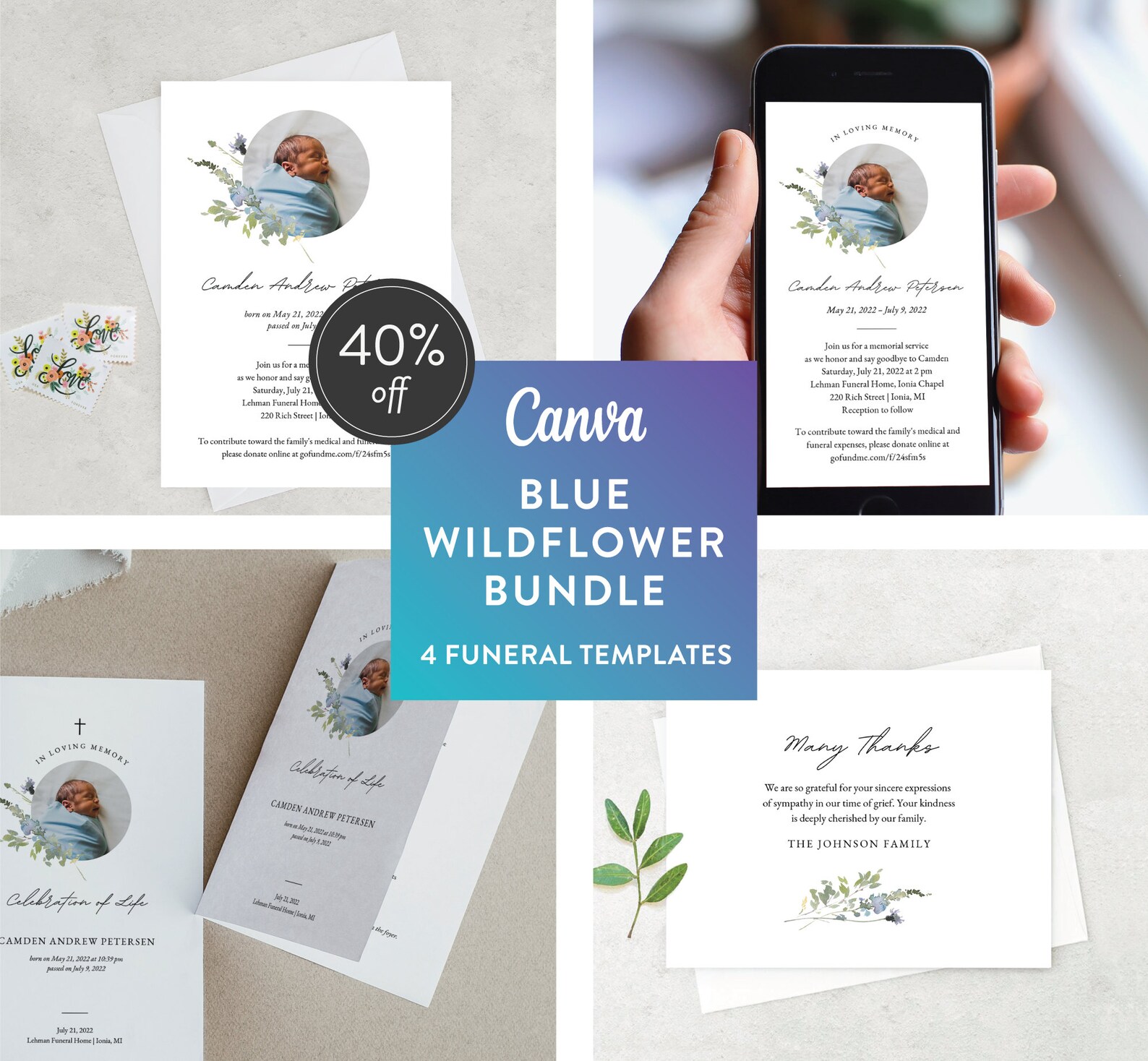 Blue Wildflower Canva Template Bundle of 4 Editable - Etsy