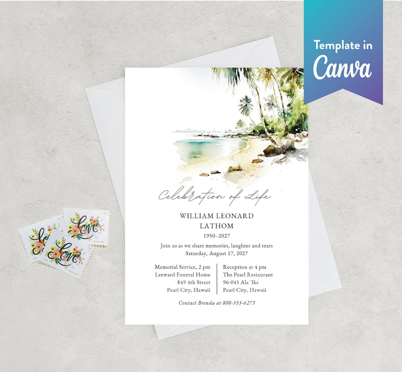 Tropical Funeral Invitation: Canva Template (digital Download, 5x7 In ...