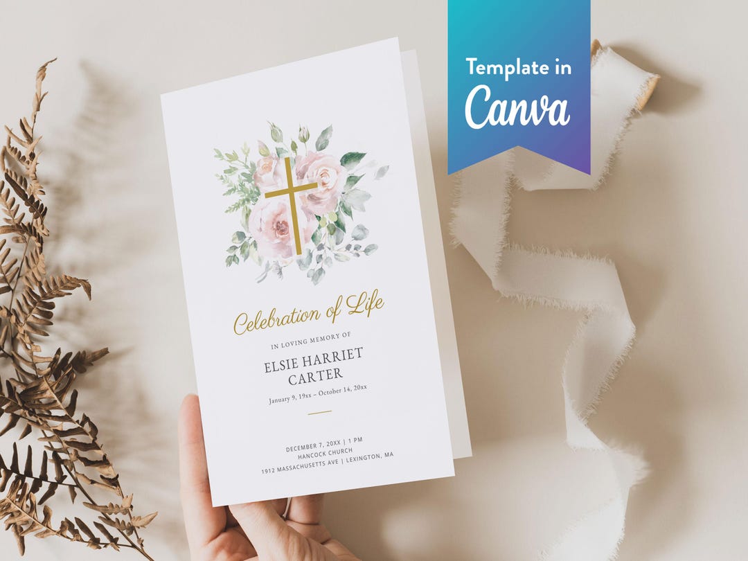 Religious Floral Funeral Program: Canva Template (digital Download, Bi ...