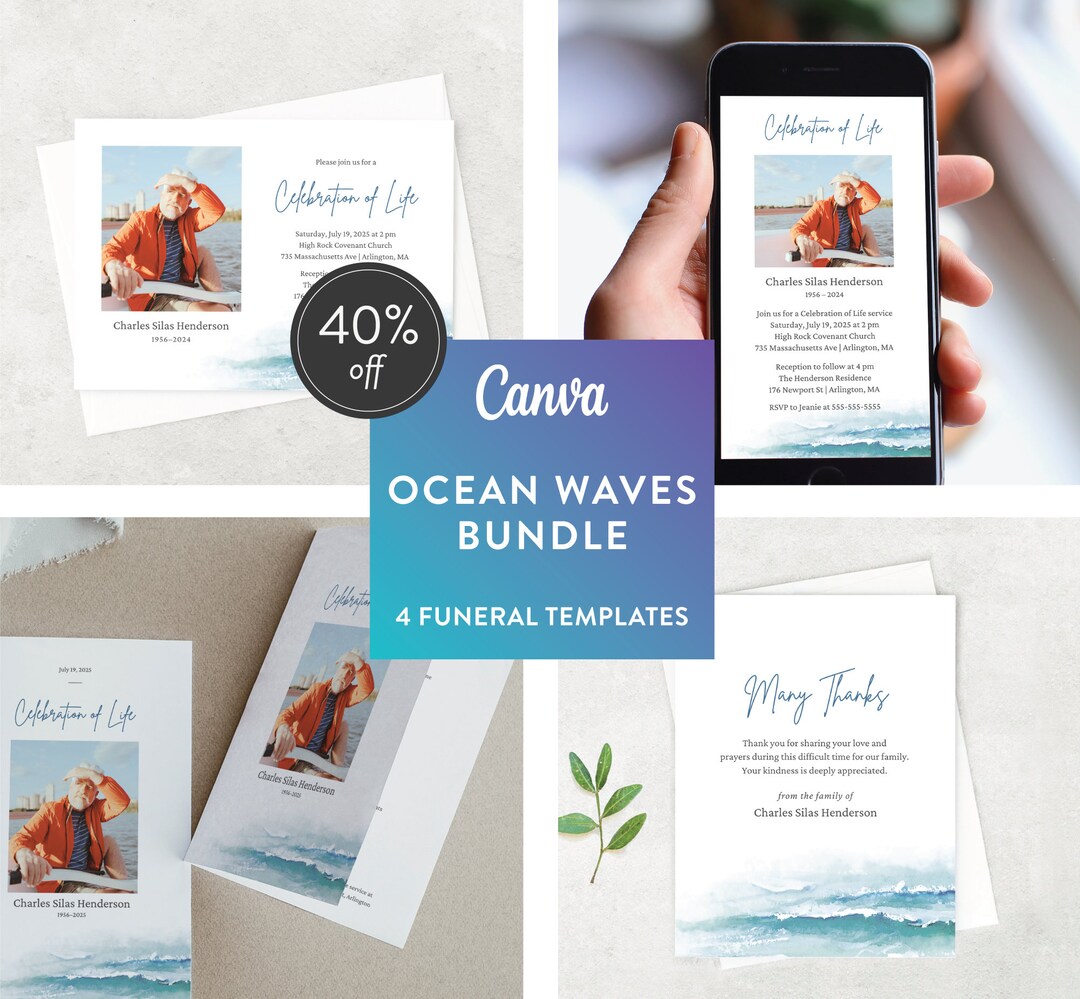 Ocean Waves | Canva Template Bundle of 4 | Editable Memorial Templates ...