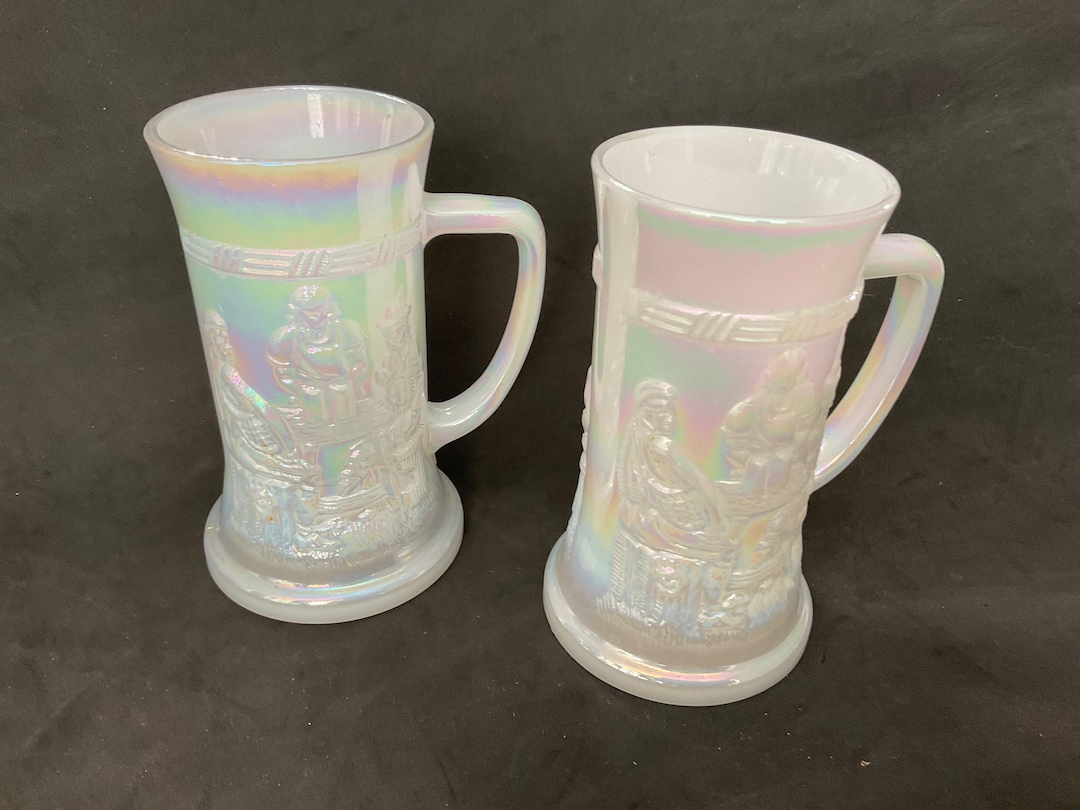 Federal Glass Beer Stein Iridescent Milk Glass Tavern Scene 2 Pieces ...