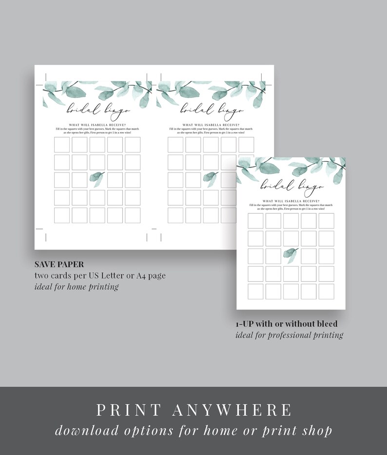 Eucalyptus Bridal Shower Bingo Game Printable Template - Etsy