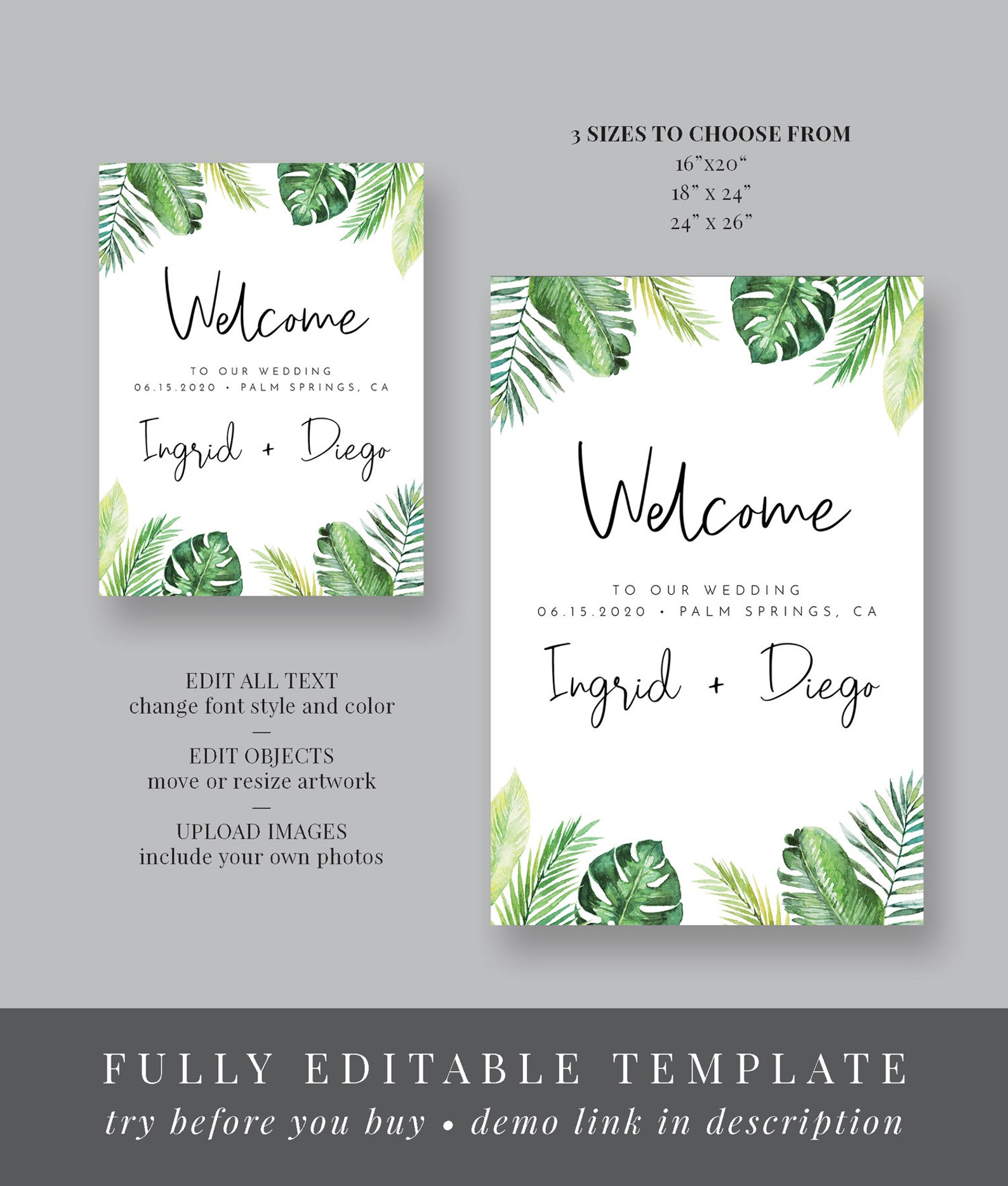 Tropical Welcome Sign Template 16x20 18x24 24x36 Wedding | Etsy