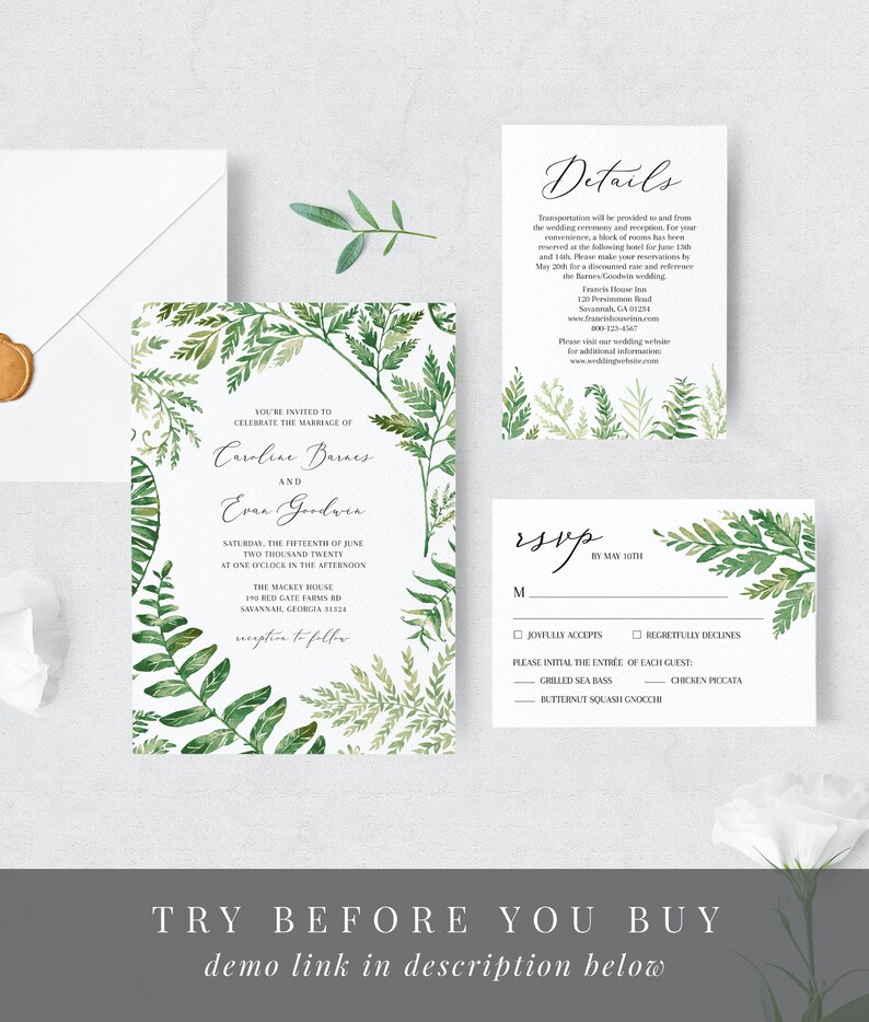 Fern Wedding Invitation Suite Editable Template Watercolor | Etsy