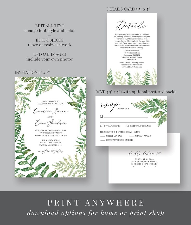 Fern Wedding Invitation Suite Editable Template Watercolor - Etsy