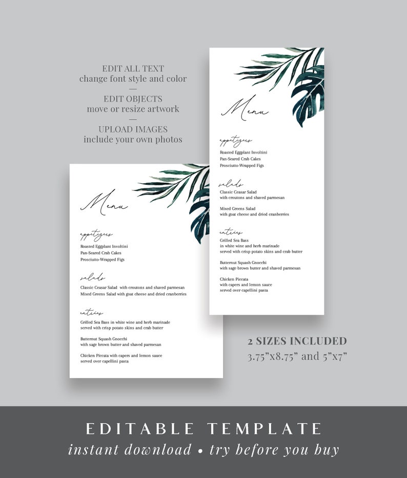 Tropical Menu Template White Sands Collection Watercolor | Etsy