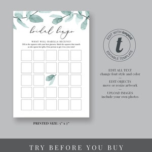 Eucalyptus Bridal Shower Bingo Game Printable Template - Etsy