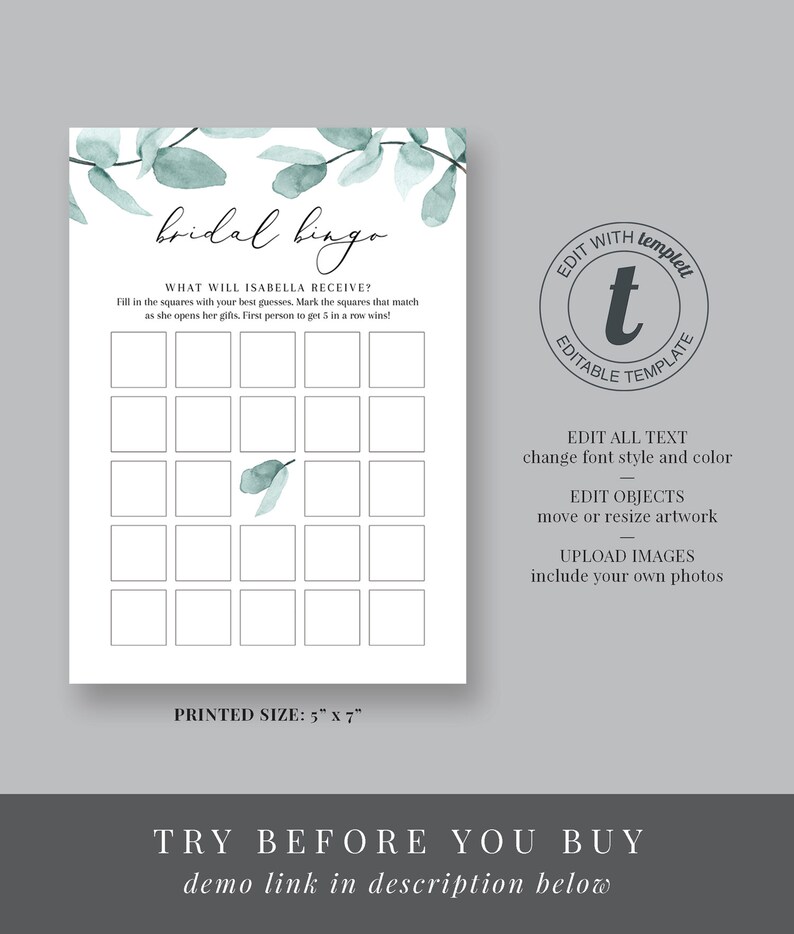 Eucalyptus Bridal Shower Bingo Game Printable Template - Etsy