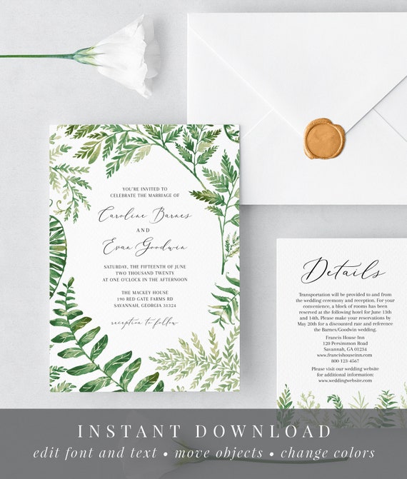 Fern Wedding Invitation Suite Editable Template Watercolor | Etsy