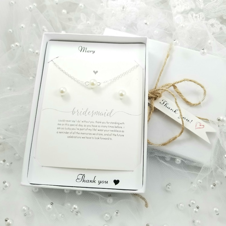 Bridesmaid Pearl Necklace and 925 Ear Post Stud Earring Set. Silver ...