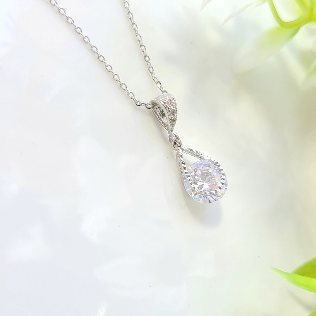 Clear Silver Teardrop Necklace. Bridesmaid Teardrop Necklace Gift ...