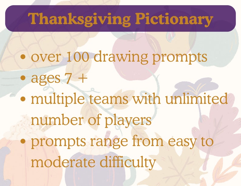 Thanksgiving Pictionary Printable Digital Download Holiday Family Game ...