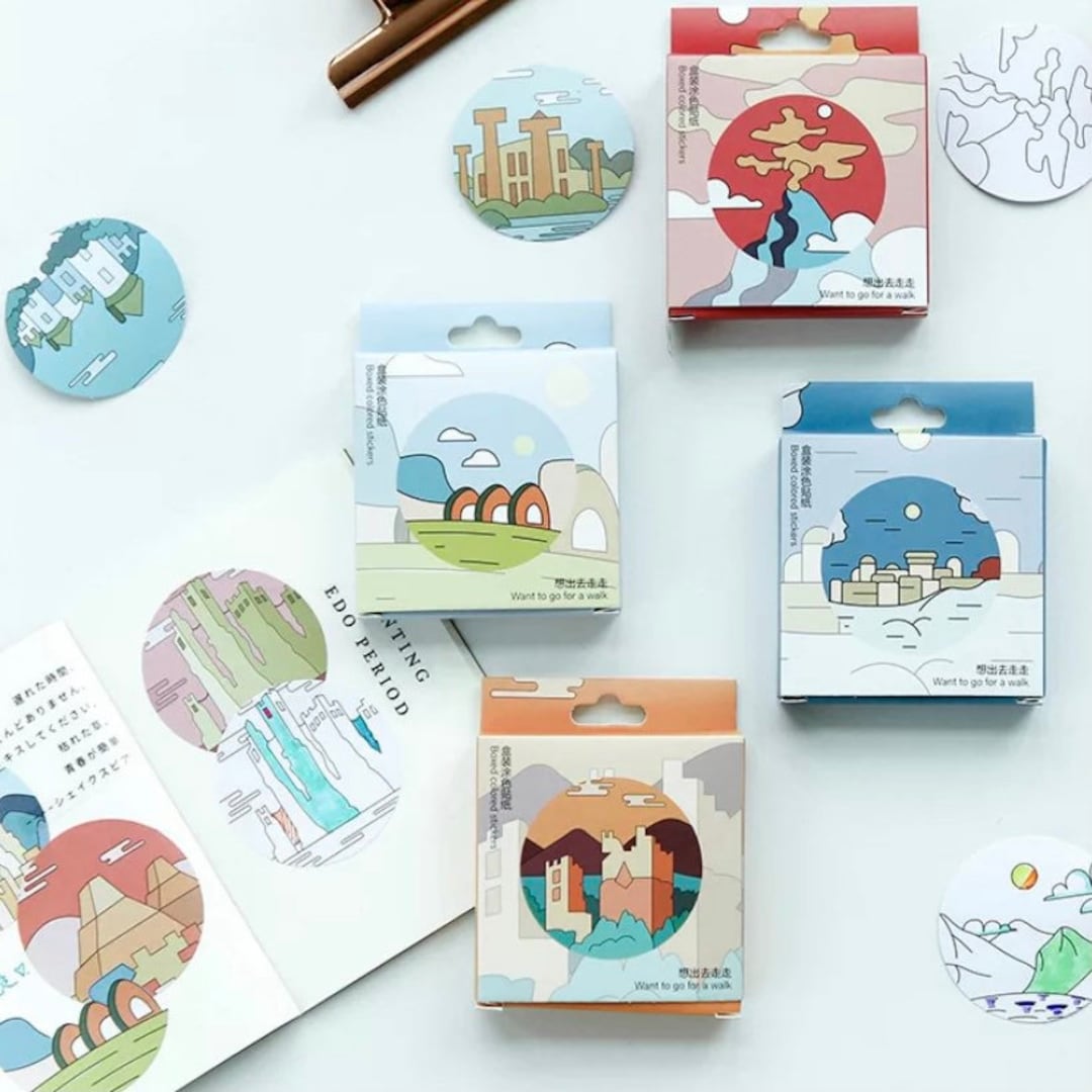 40pcs Travel Stickers Pack Color It Yourself DIY Landscape Nature Round ...