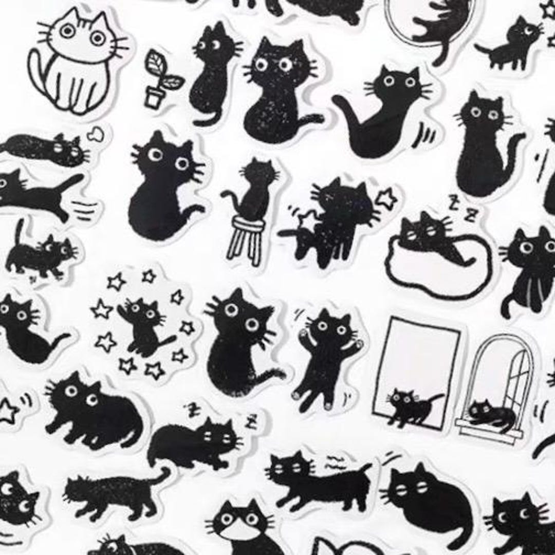 45pcs Black Cat Stickers Pack Cute Kitten Neko Journaling Scrapbooking ...