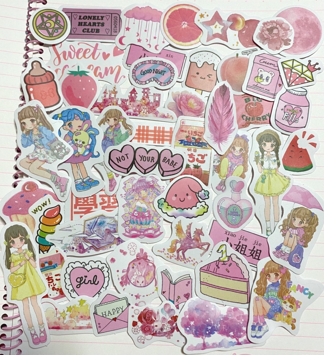 50pcs Pink Stickers Pack Girl Deco Sticker Dessert Drinks Food Cute ...