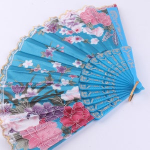 Blue Hand Fans,silk Fans Party Favor Floral Flower Fans Folding Fans ...