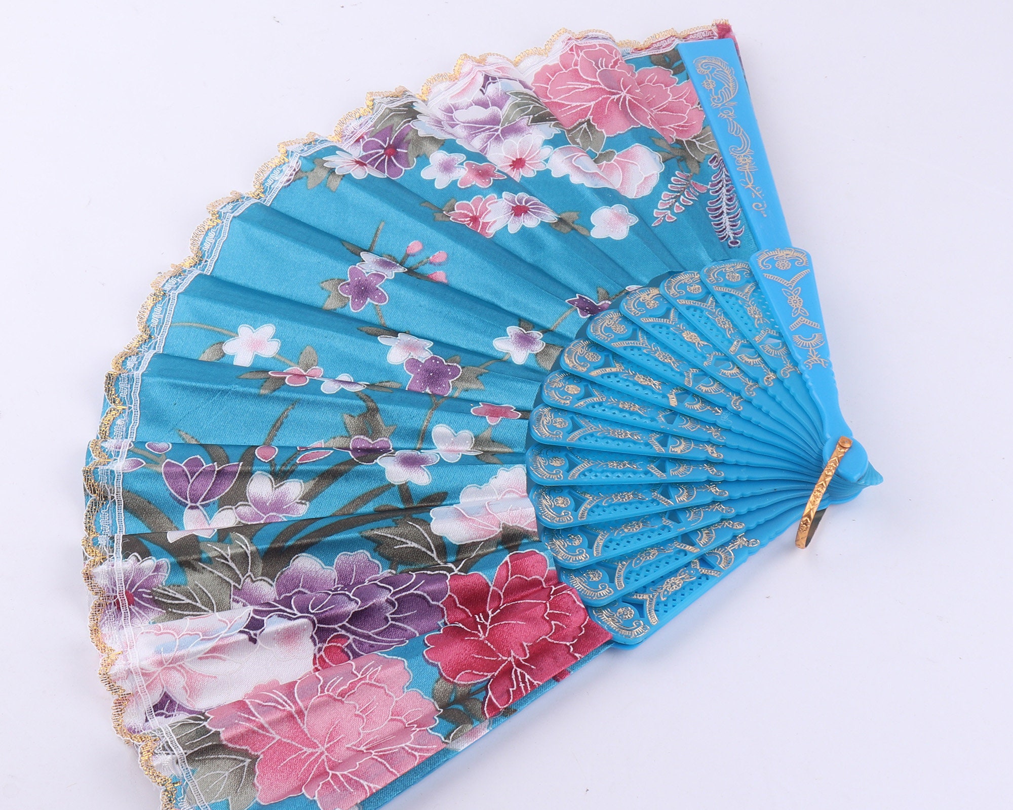 Blue Hand Fanssilk Fans Party Favor Floral Flower Fans - Etsy