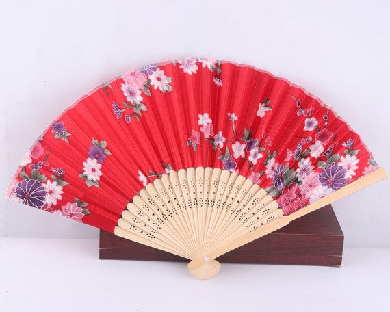 Red Flower Hand Fansfans Silk Fans Folding Fanshandheld - Etsy