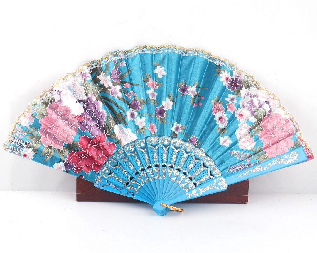 Blue Hand Fans,silk Fans Party Favor Floral Flower Fans Folding Fans ...